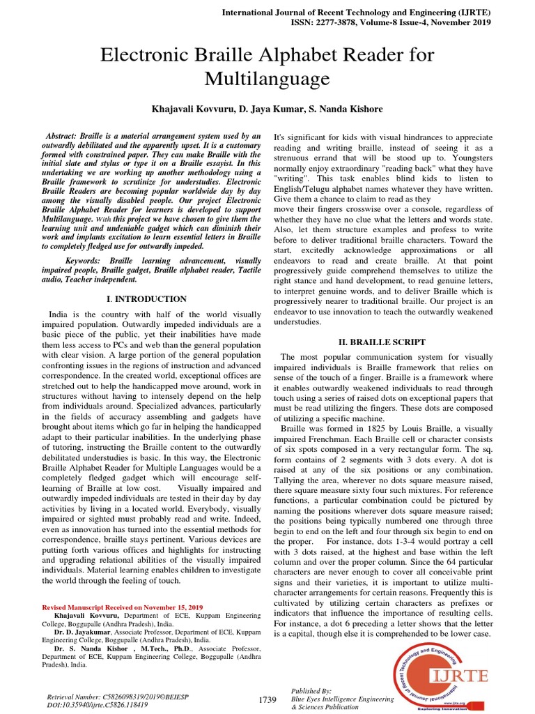 Electronic Braille Alphabet Reader For Multilanguage: Khajavali Kovvuru ...