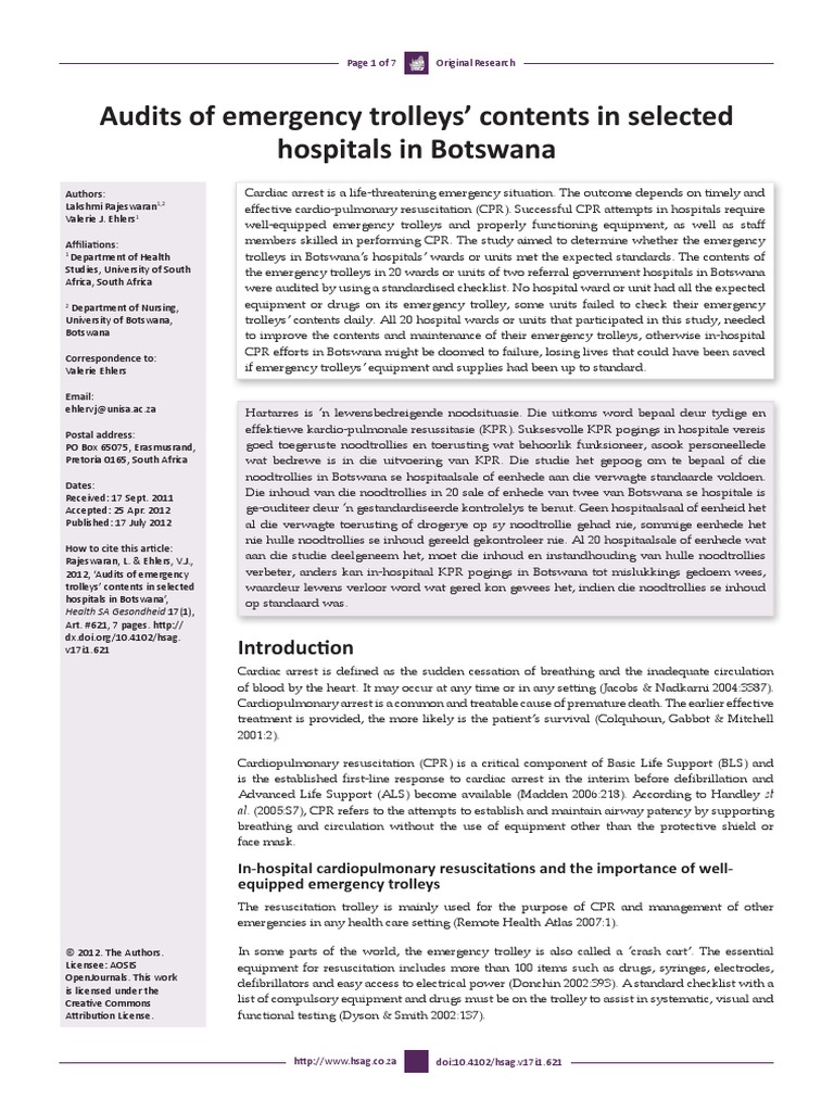 Audits of Emergency Trolleys Contents in Selected | PDF | Cardiopulmonary Resuscitation ...