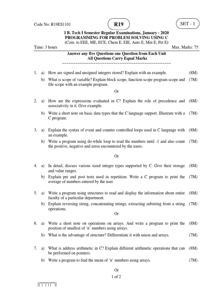 Programming For Problem Solving Using C r19 Jan 2020-1 | PDF | Pointer (Computer Programming ...