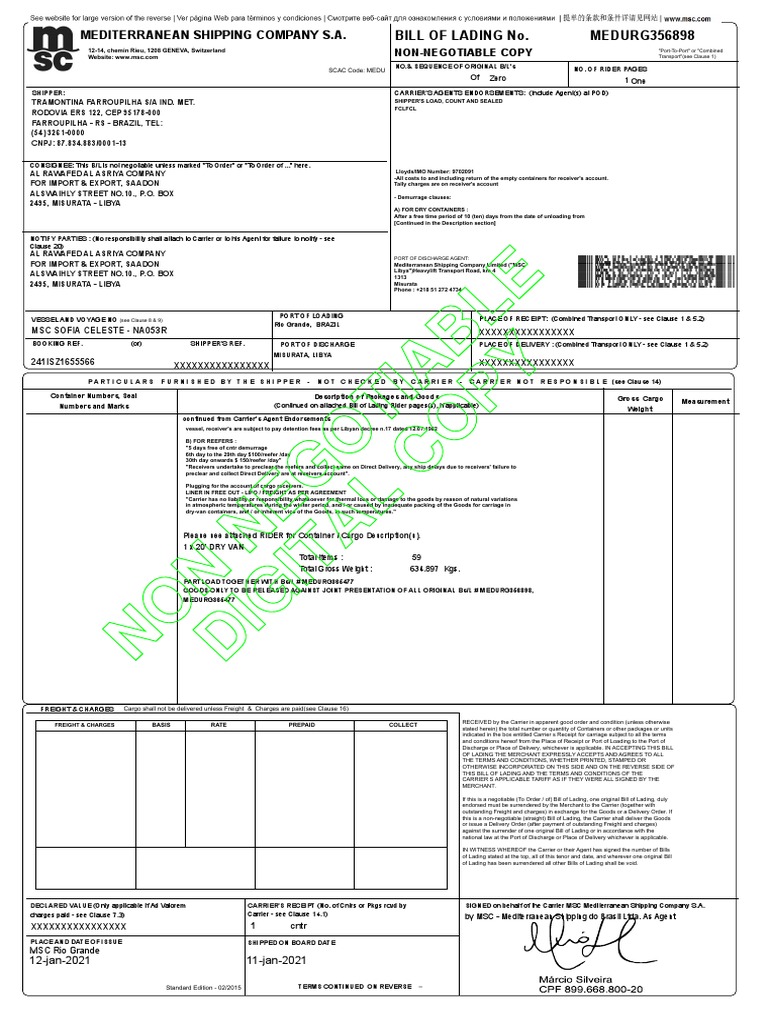 Non Negotiable Digital Copy: Mediterranean Shipping Company S.A ...