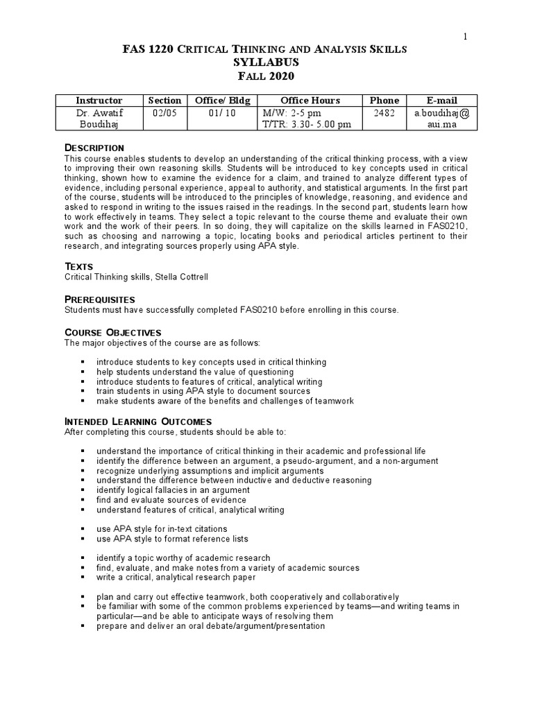 FAS 1220 Syllabus | PDF | Critical Thinking | Argument