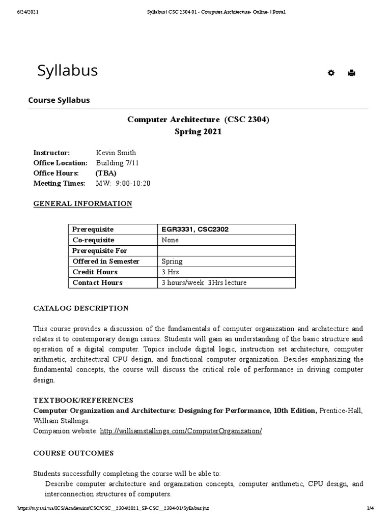 CSC 2304 01 - Syllabus - Computer Architecture | Download Free PDF ...