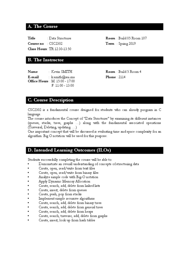 CSC 2302 Syllabus - Spring 2019 | PDF | Computing | Algorithms And Data Structures