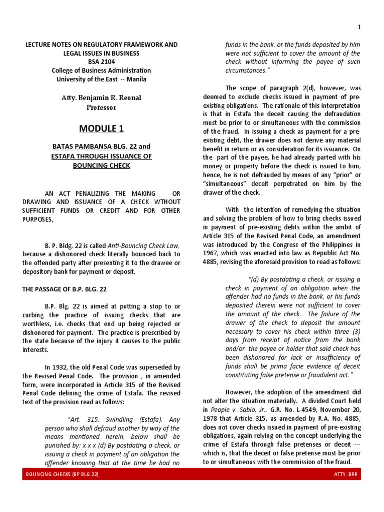 MODULE 1 BOUNCING CHECK LAW (BP BLG 22) | PDF | Cheque | Negotiable ...