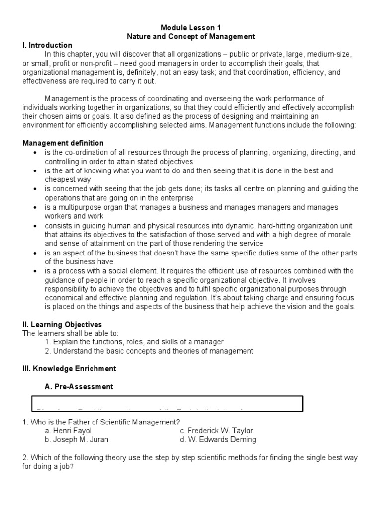 Module Lesson 1 Nature and Concept of Management | PDF | Quality ...