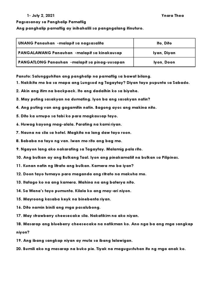 Pagsasanay Sa Panghalip Pamatlig, July 2 | PDF