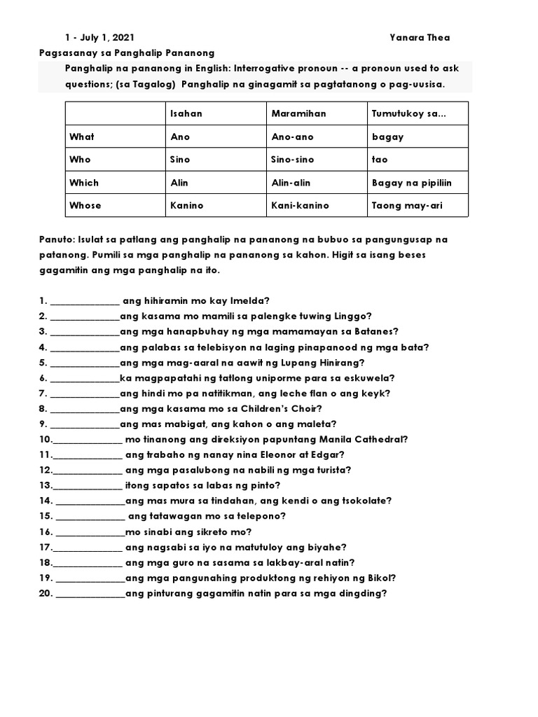 Pagsasanay Sa Panghalip Na Pananong, July 1 | PDF