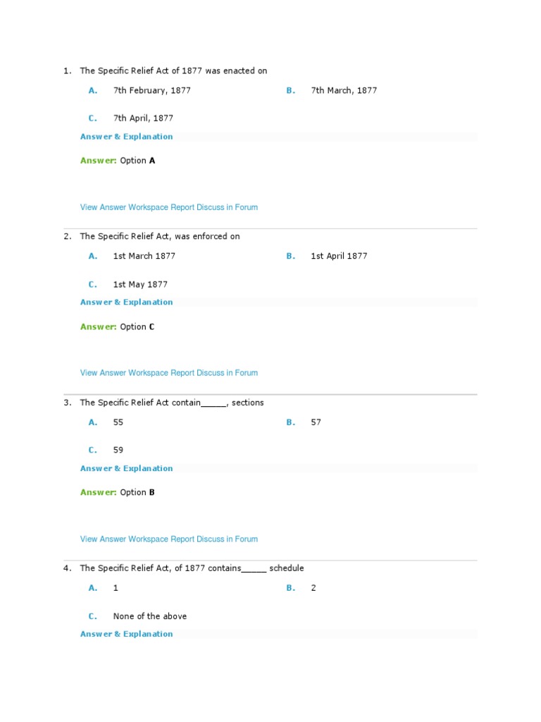 MCQs on Specific Relief Act 1877 | PDF | Injunction | Writ