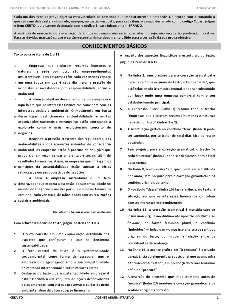 QUADRIX Cad Prova 200-205 Ag Administrativo CREA-TO Conc Publico 2019 ...