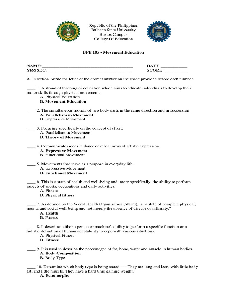 BPE 105 - Movement Education - Final Exam | PDF | Muscle | Muscle ...