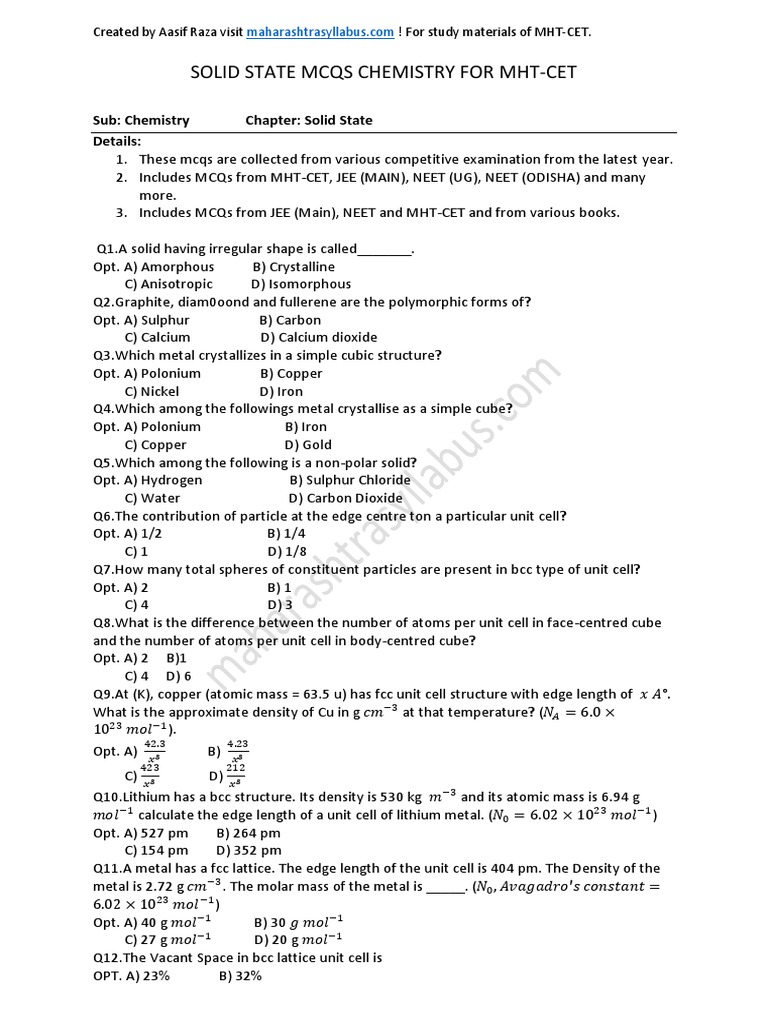 A Comprehensive Collection of Solid State Chemistry Multiple Choice ...