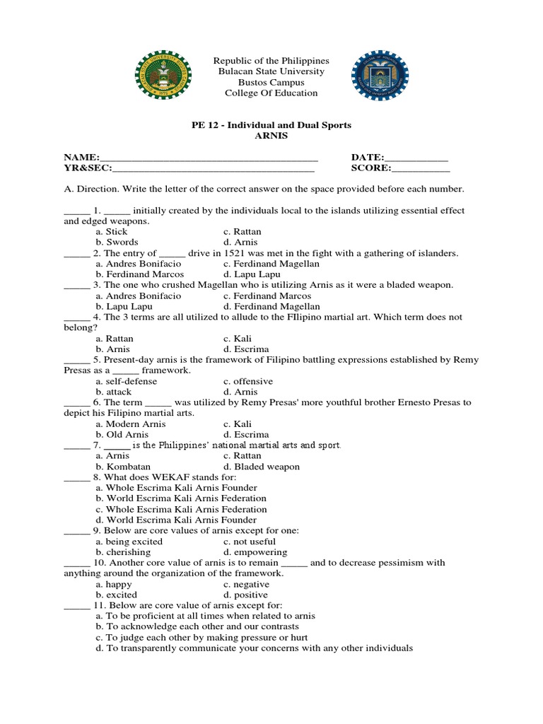 PE 12 - ARNIS - Midterm Exam | PDF | Hobbies | Philippines