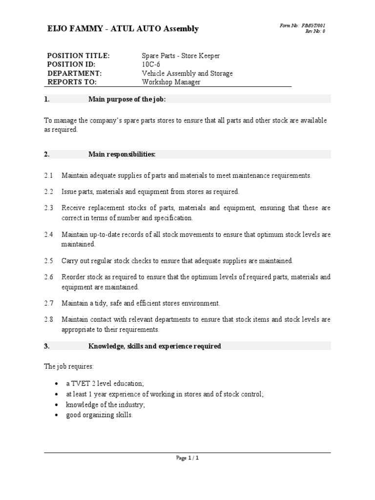 Spare Parts Store Keeper Job Description | PDF