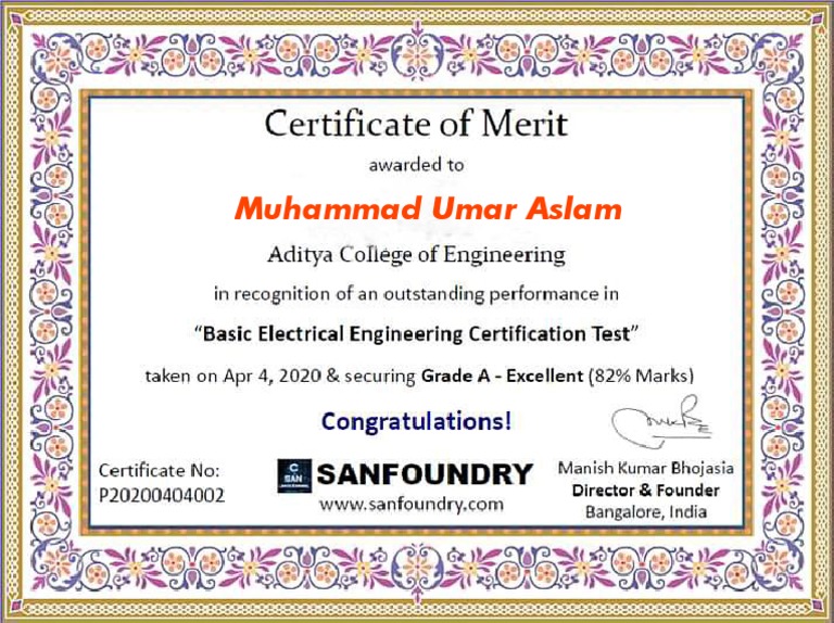 Basic Electrical Engineering Test Certificate | PDF