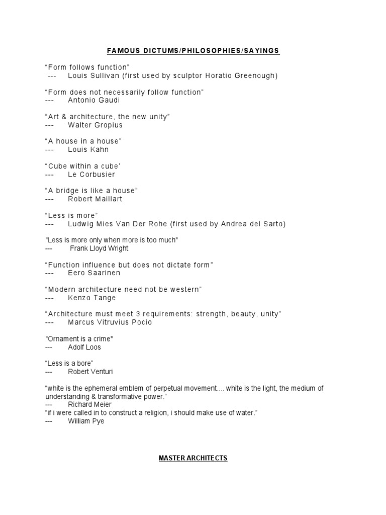 Famous Dictums/Philosophies/Sayings: Master Architects | PDF | Design