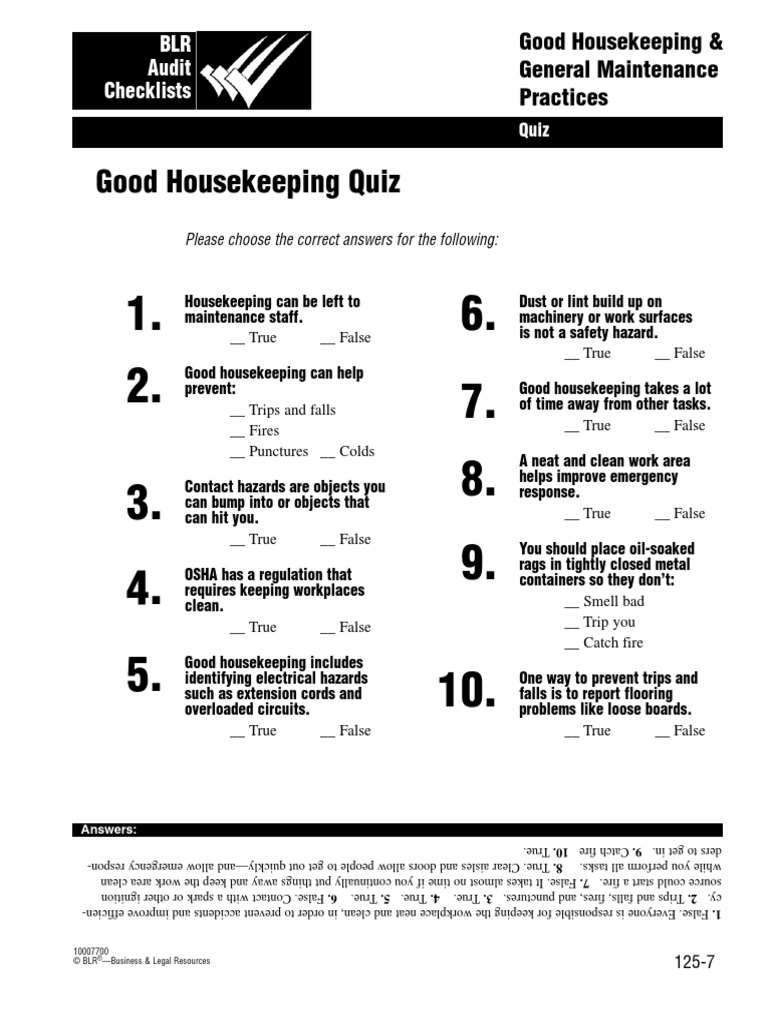 Good Housekeeping Quiz: BLR Audit Checklists | PDF | Housekeeping ...