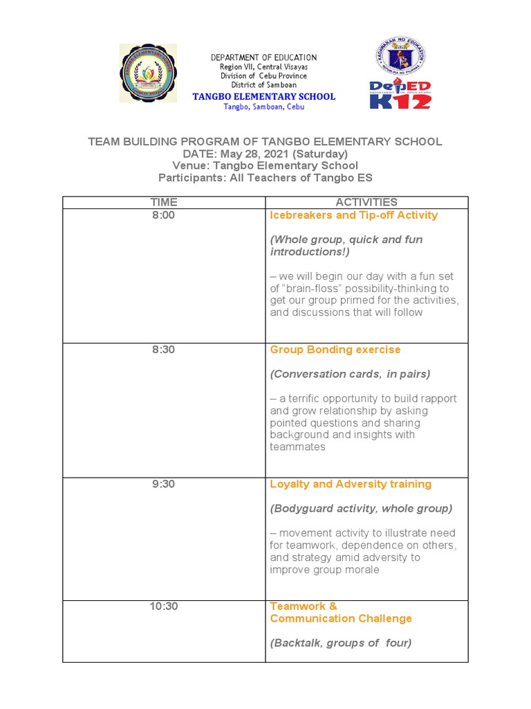 Team Building Activitiy Program of Tangbo Elementary School | Download ...