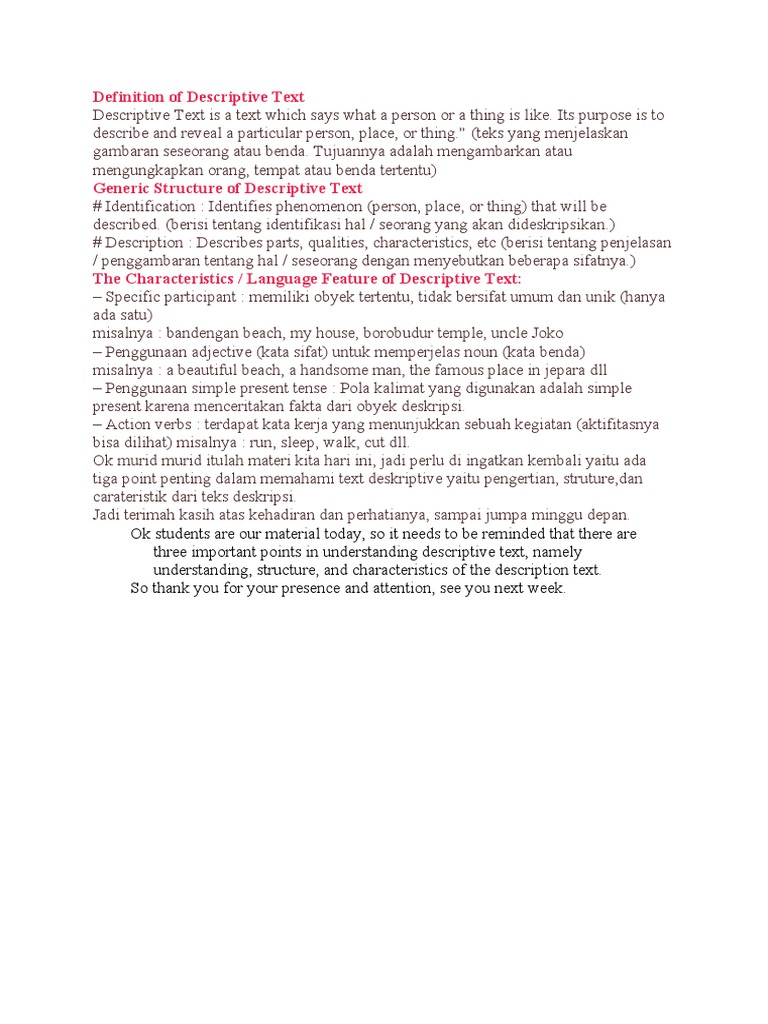 Definition of Descriptive Text | PDF | Seni & Disiplin Bahasa | Kajian ...