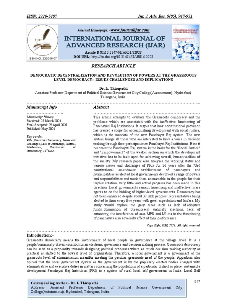 Democratic Decentralization and Devolution of Powers at The Grassroots ...