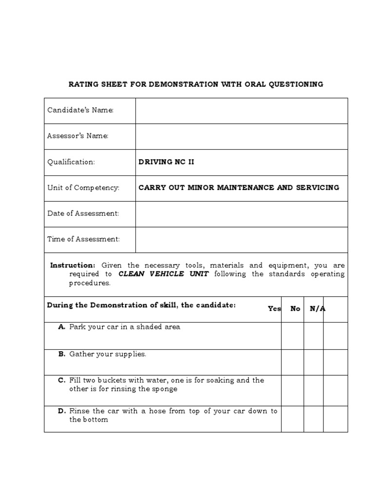 Rating Sheet For Demonstration With Oral Questioning | PDF ...