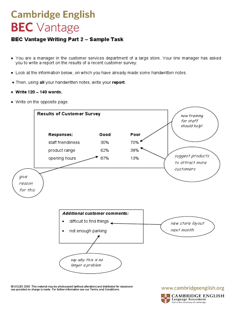 BEC Vantage Writing Part 2 - Sample Task: Results of Customer Survey | PDF