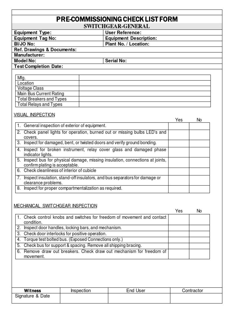 Pre-Commissioning Check List Form: Switchgear-General | PDF | Fuse ...