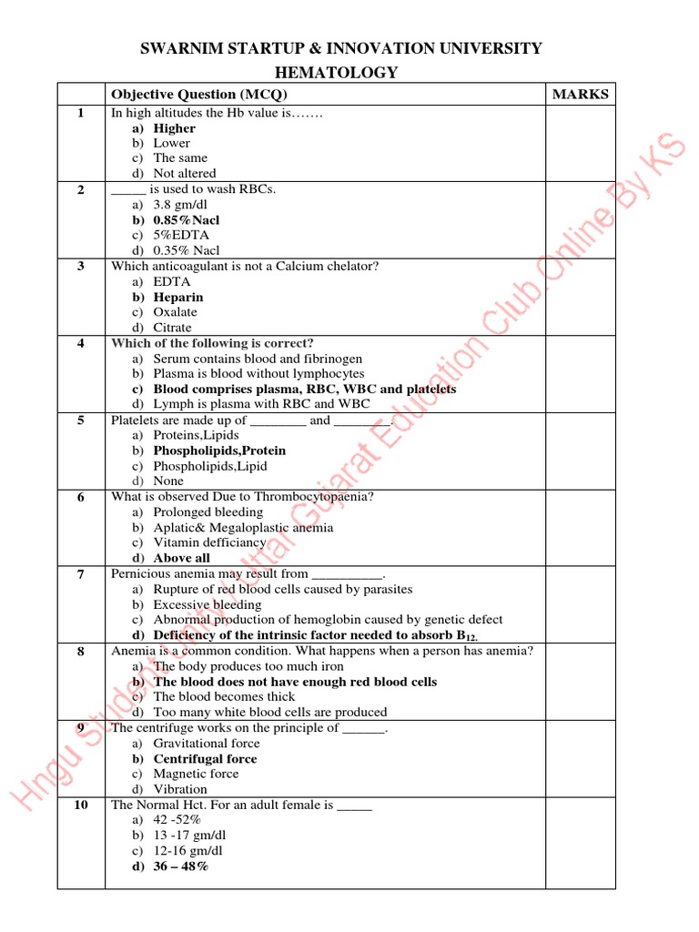 Swarnim Startup & Innovation University Hematology: Objective Question ...