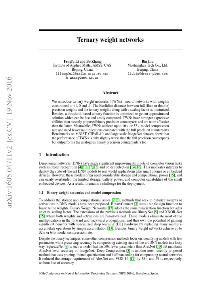 Ternary Weight Networks: 30th Conference On Neural Information Processing Systems (NIPS 2016 ...