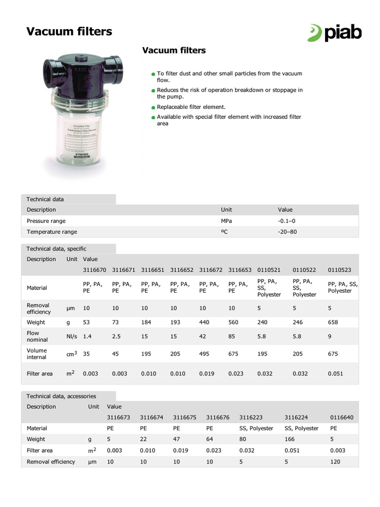 Vacuum Filters PIAB | PDF | Physical Sciences | Nature