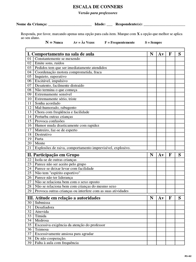 Escala de Conners - Professores | PDF
