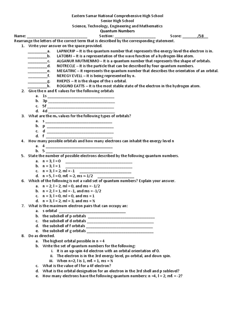 Quantum NUmbers - 2qtr Worksheet1 | PDF | Atomic Orbital | Theoretical ...