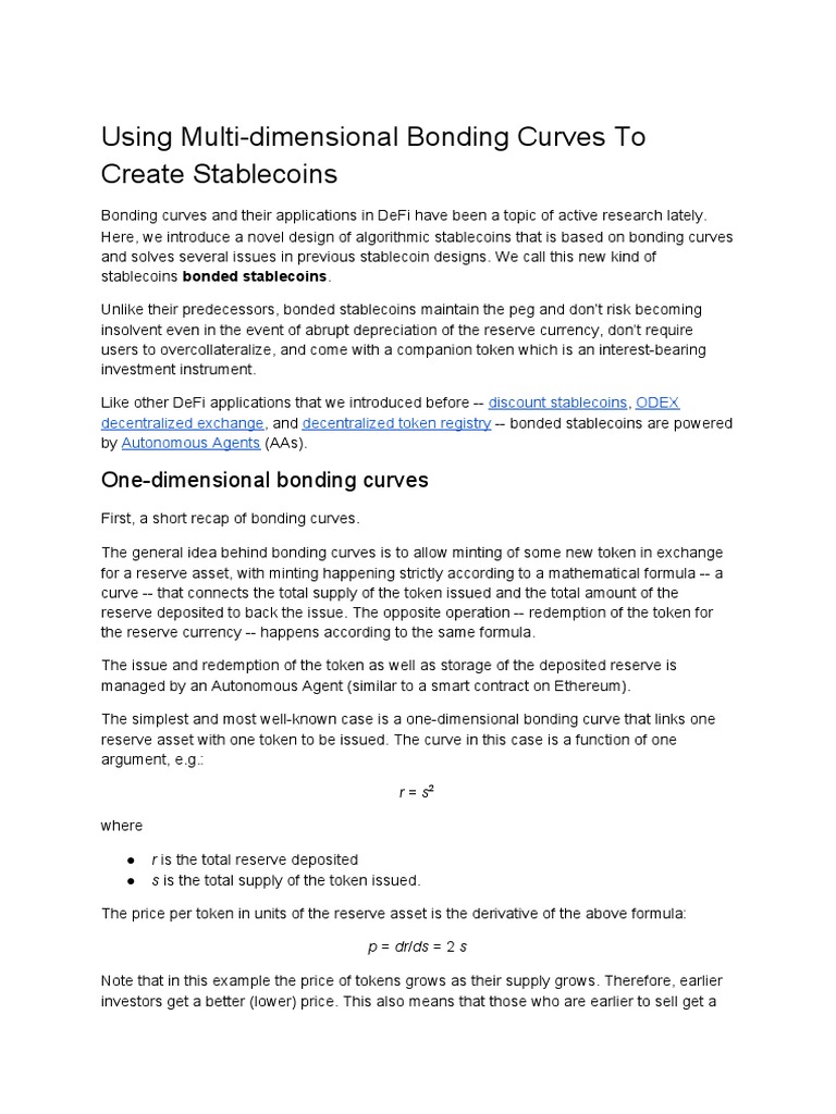 Using Multi-Dimensional Bonding Curves To Create Stablecoins | PDF ...