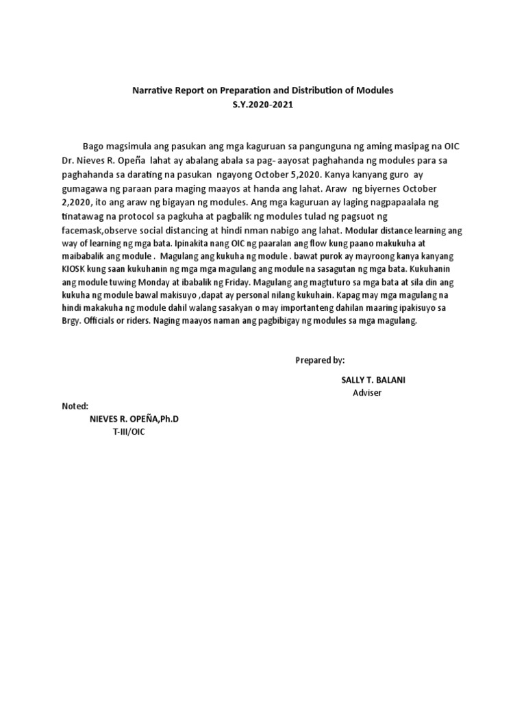 Narrative Report On Preparation and Distribution of Modules New | PDF