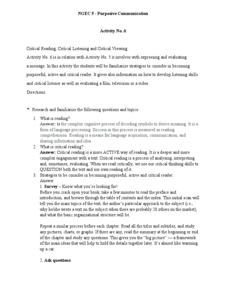 Activity No. 6 Critical Reading, Critical Listening and Critical ...