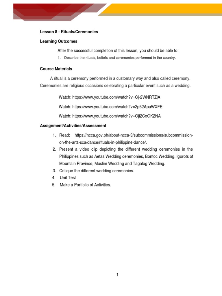 Lesson 8 - Rituals/Ceremonies Learning Outcomes | PDF | Philippines ...