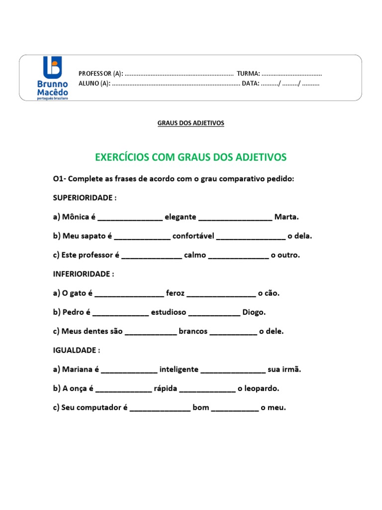 Exercícios sobre Graus dos Adjetivos | PDF