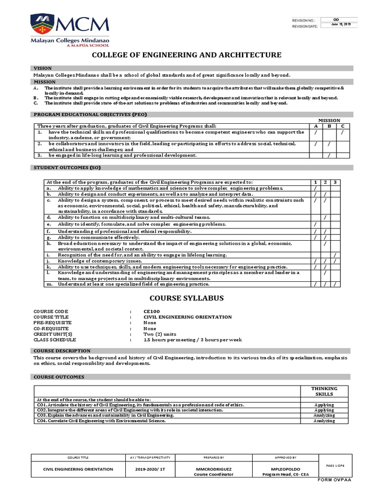 CE100 CE Orientation - Syllabus | PDF | Engineering | Civil Engineering