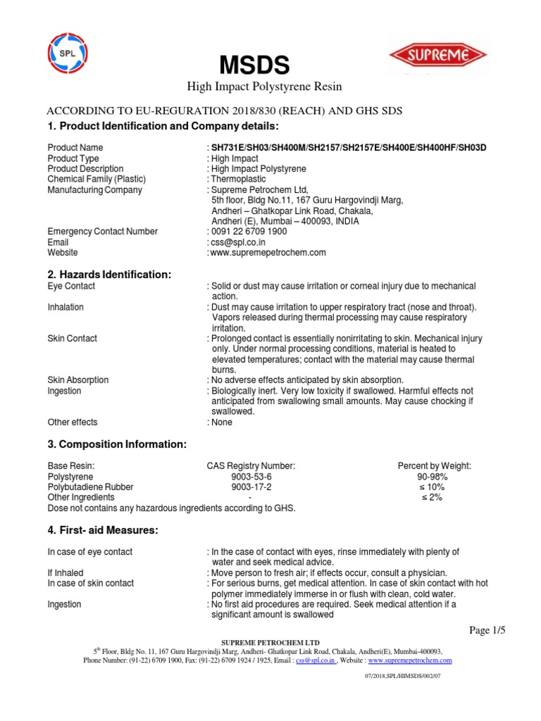 Hips MSDS | PDF | Firefighting | Personal Protective Equipment