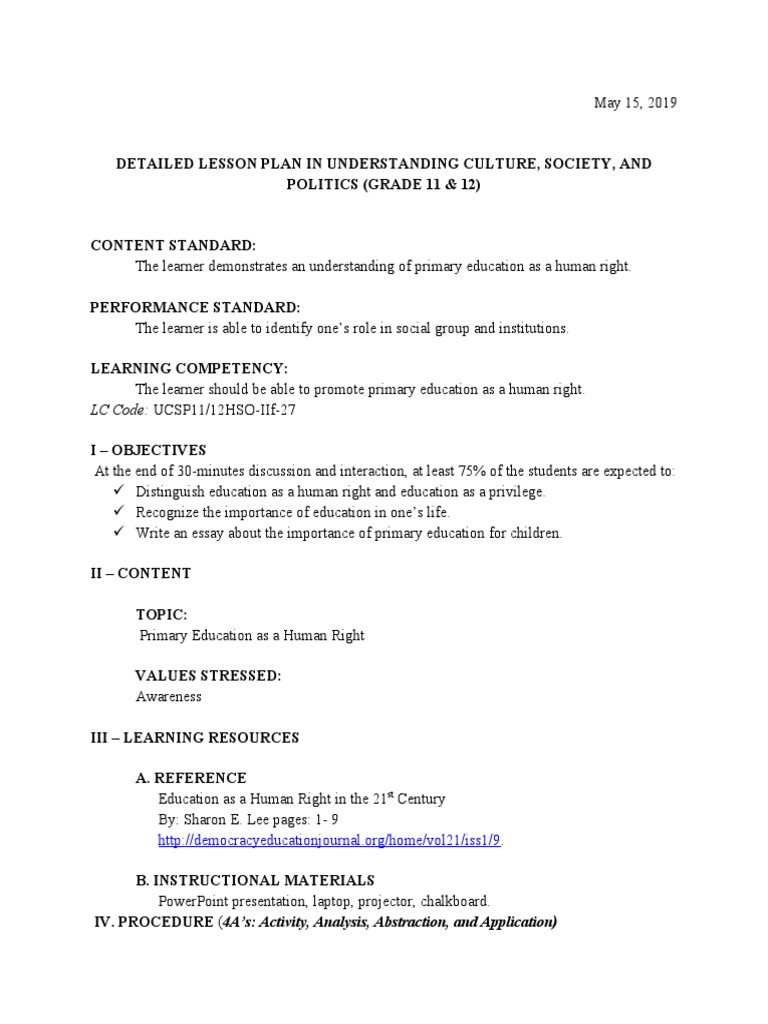 Detailed LP | PDF | Primary Education | Learning