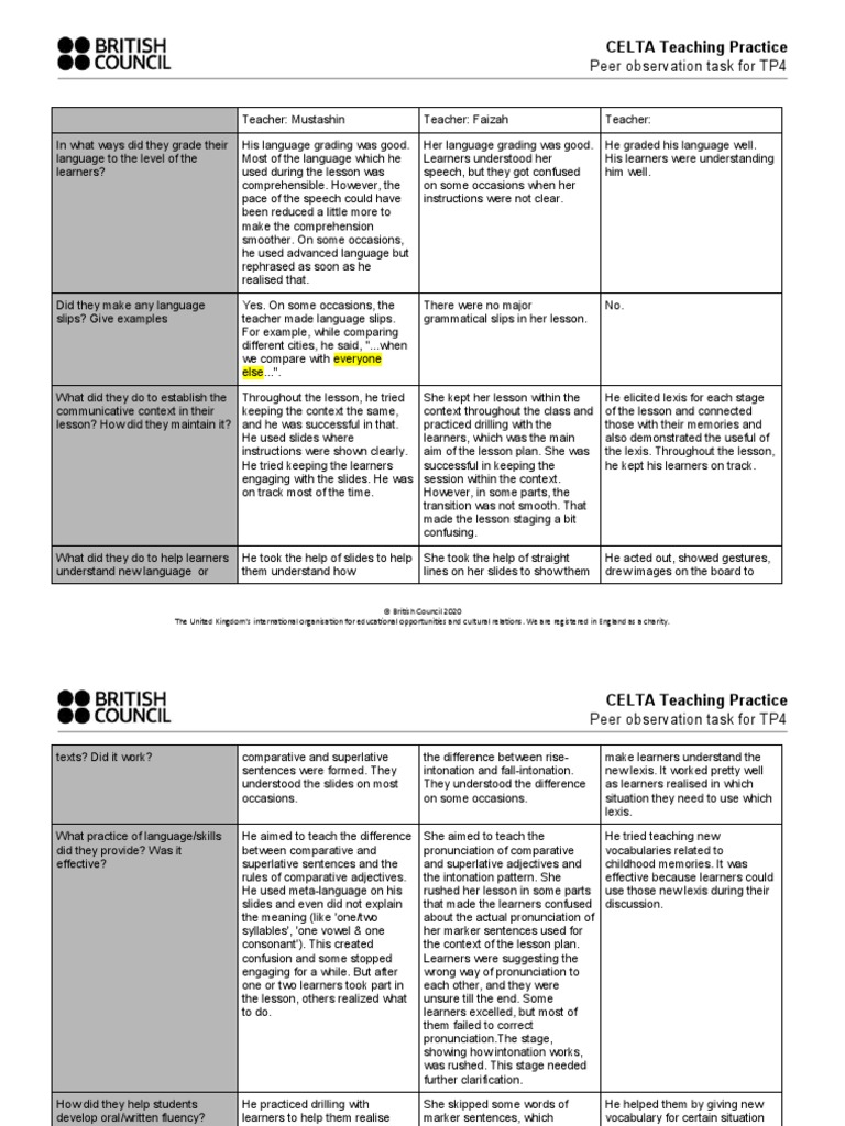 Peer Observation Task TP4 | PDF | Learning | Lesson Plan