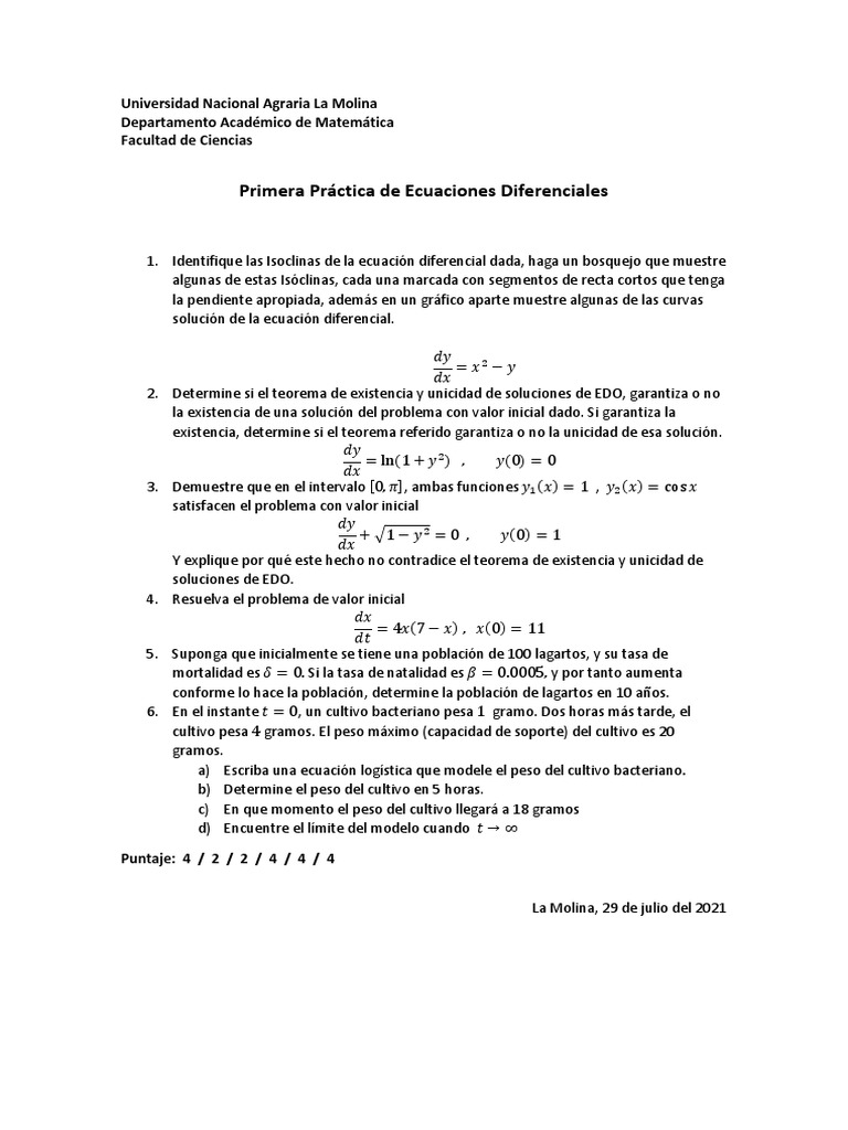 Practica 1 EDO 2021 | PDF | Ecuaciones | Ecuaciones diferenciales