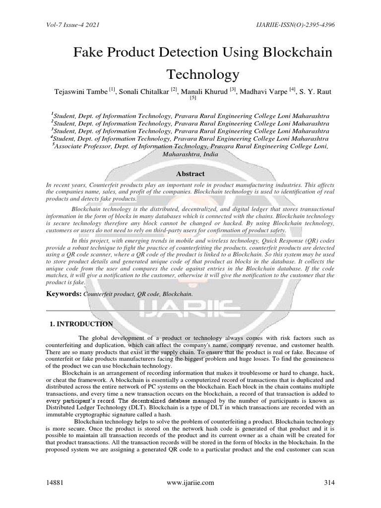 Fake Product Detection Using Blockchain Technology Ijariie14881 Pdf