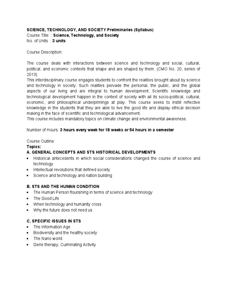 SCI 100 STS Course Syllabus and Outline | PDF | Science | Society