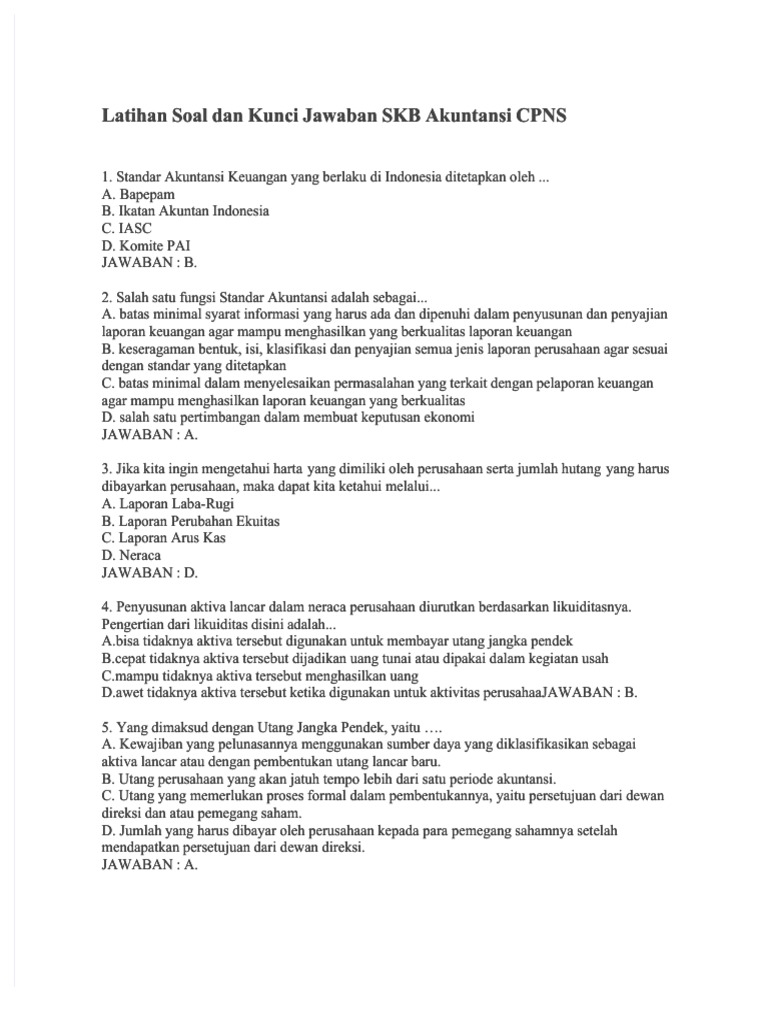 PDF Latihan Soal Dan Kunci Jawaban SKB Akuntansi Cpns DD | PDF