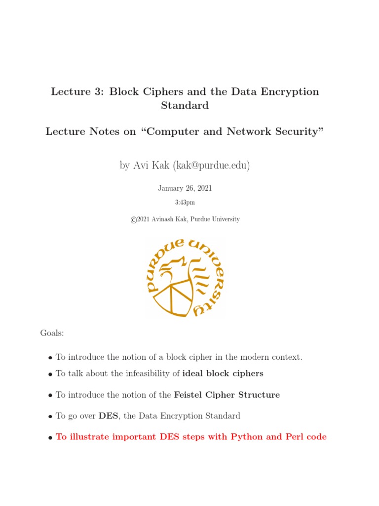Lecture 3 Block Ciphers And The Data Encryption Standard Lecture Notes On Computer And Network