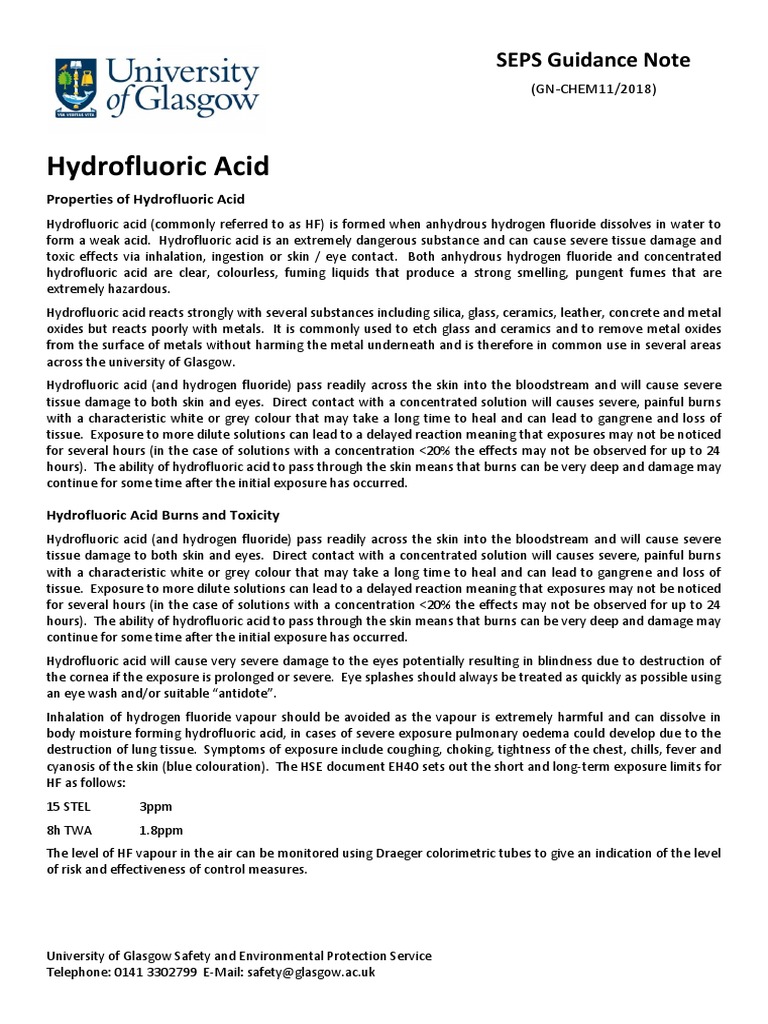 HF Acid Guidance Note Properties, Burns, Toxicity | PDF | Chemistry ...