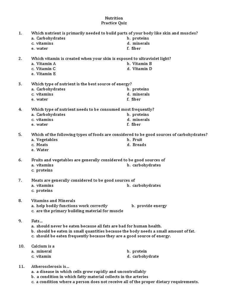 Nutrition Practice Quiz for Students | PDF | Vitamin | Nutrients