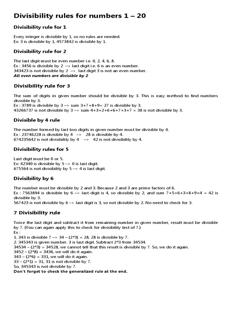 Divisibility Rules For Numbers 1 - 20 | PDF | Mathematics | Arithmetic