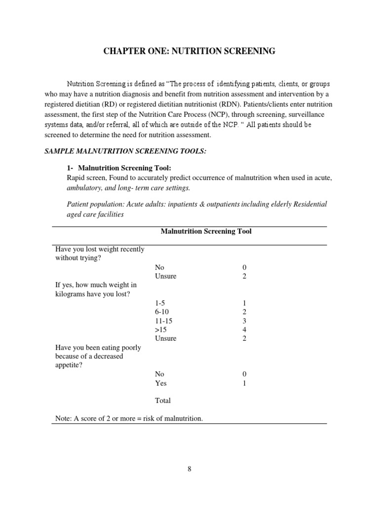 Chapter One: Nutrition Screening: Sample Malnutrition Screening Tools ...