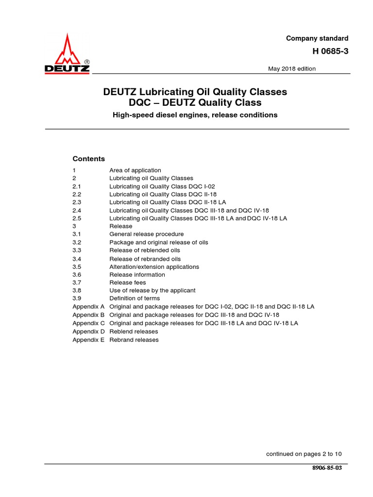 DEUTZ Diesel Engine Oil Standards | PDF | Motor Oil | Engines